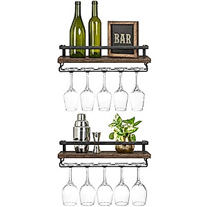 Mkono Wall Mounted Wine Rack Set of 2 Wood Rustic Wine Bottle Glass Floating Shelves with Stemware Hanger Modern Plants Photos Wine Display Storage Holder for Kitchen Dining Room Bar, 17 Inch