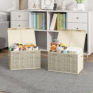 Wisdom Star 4 Pack Large Storage Bins with Double Lids & Handles, Collapsible Fabric Storage Cube Bin Basket with Removable Divider, Foldable Closet Organizer Clothing Shelf Basket, Beige