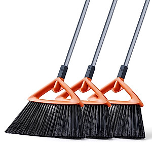 CLEANHOME 3 Pack Heavy Duty Outdoor Broom with Long Handle for Patio,Lobby,Garden,Kitchen,Deck,Yard,Sweeping -Commercial Grade Angle Broom with Stiff Bristles and Sponge Handle