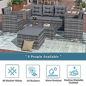 SIYAHOME Conversation 5 Piece UV Outdoor Patio Storage Bench Garden Furniture, PE Modular Set, All Weather Rattan Sofa Dining Table Chair, Grey Wicker, Gray