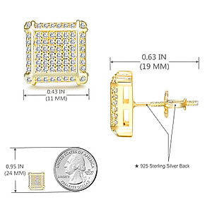 18K Gold Plated 925 Sterling Silver Iced Out Cubic Zirconia Screw Back Square Stud Earring For Men and Women Hypoallergenic Earring TwoTone Micropave Hip Hop Jewelry-Gold