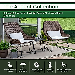 Hanover Accent 3-Piece White Wicker Chat Set, Modern Outdoor Furniture, 2 Scoop Chairs, 15'' Square Side Table, Rust-Resistant Steel Frames, Cushions, Pillows