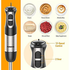 Hand Blender, 800W 5-in-1 Immersion Hand Blender,12-Speed Multi-function Stick Blender with 500ml Chopping Bowl, Whisk, 600ml Mixing Beaker, Milk Frother Attachments, BPA-Free (Black)