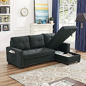 Pull Out Sofa Bed Sectional Sleeper Sofa with Reversible Storage Chaise and Side Pocket Convertible Upholstered L Shaped 3 Seater Couch with Silver Rivets for Living Room Apartment, Dark Gray