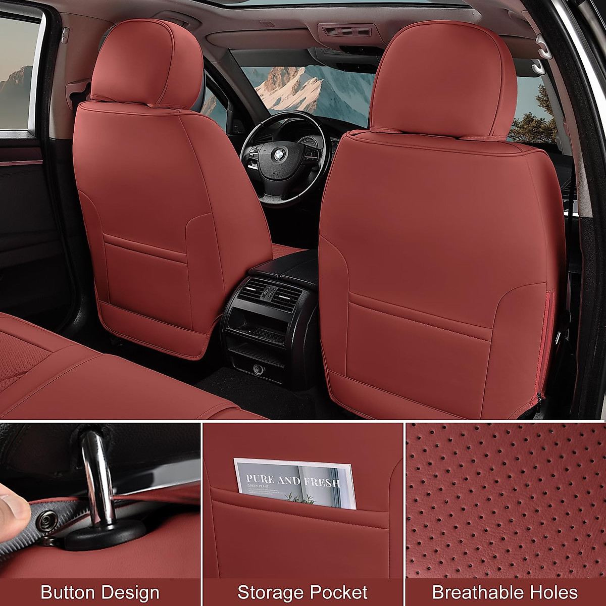TIEHESYT Wine Red Car Seat Covers Full Set, Breathable Leather Automotive Front and Rear Seat Covers & Headrest for Comfortable Driving, Universal Auto Interior Fit for Most Kinds of Vehicles, Cars