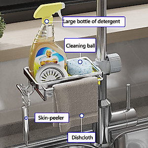SIMCAS Sponge Holder, 2023 Upgraded NeverRust Sponge Holder for Kitchen Sink Caddy Organizer, Brush, Dishcloth, Over the Sink Faucet Sponge Holder Drain Rack for Kitchen & RV Accessory, Hooks, Silver