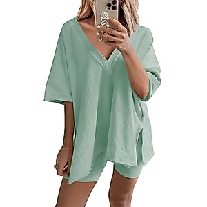 Ailoqing 2 Piece Outfits for Women Summer Oversized V Neck T Shirt Biker Short Sets Hot Shot Reversible Set(LightTeal-L)