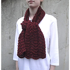 Short Scarf, Deep Burgundy Red, Rustic Wool Tweed, Hand Knit, Lace Texture, Womens Winter Scarf