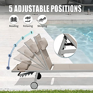 Domi Patio Chaise Lounge Set of 3, Aluminum Pool Lounge Chairs with Side Table and Wheels, Textilene Padded Adjustable Recliner All Weather for Patio Deck Poolside Beach Yard, Lawn, Khaki