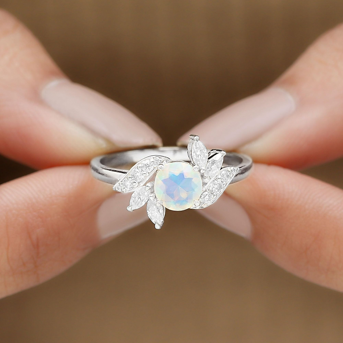 Natural Opal Diamond Flower Engagement Ring for Women, AAA Quality, Ethiopian Opal Floral Ring - With Jewelry Box, 14K White Gold, Size:US 6.00