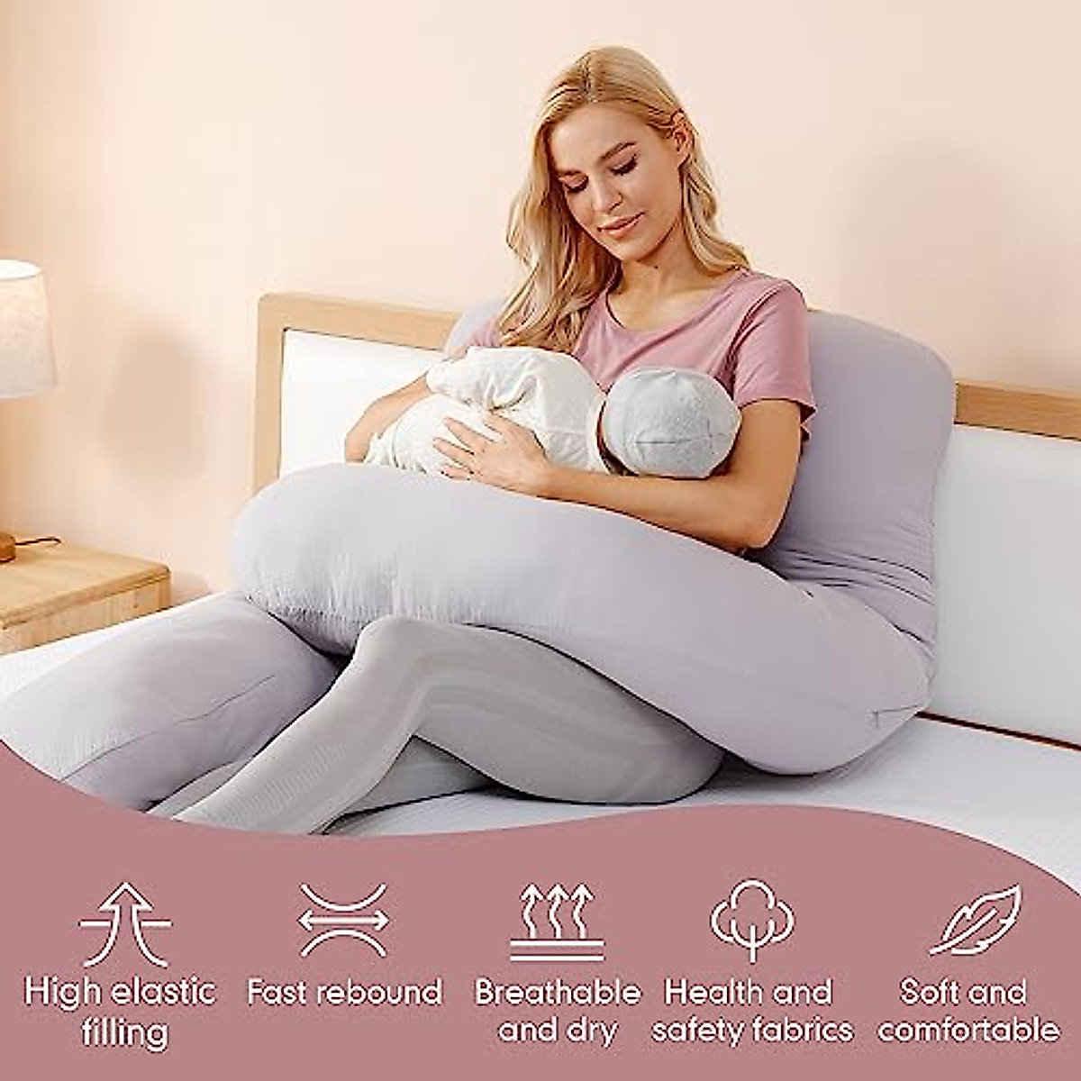 JOHNPEY Muslin Pregnancy Pillows for Sleeping, 100% Muslin Cotton Pregnancy Pillow for Pregnant Women to Sleep, Soft Full Body Maternity Pillows (Gray,55in)