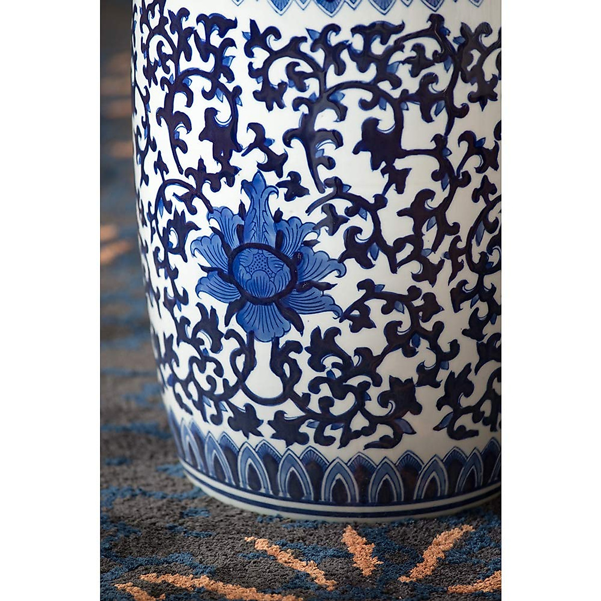 A & B Home Blue and White Asian Style Stool Indoor Multi Purpose Versatile Design Sturdy Glazed Porcelain Finish 11" x 11" x 16"