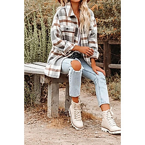 Beaully Women's Brushed Plaid Shirts Long Sleeve Flannel Lapel Button Down Pocketed Shacket Jacket Coats 6017 Khaki Large