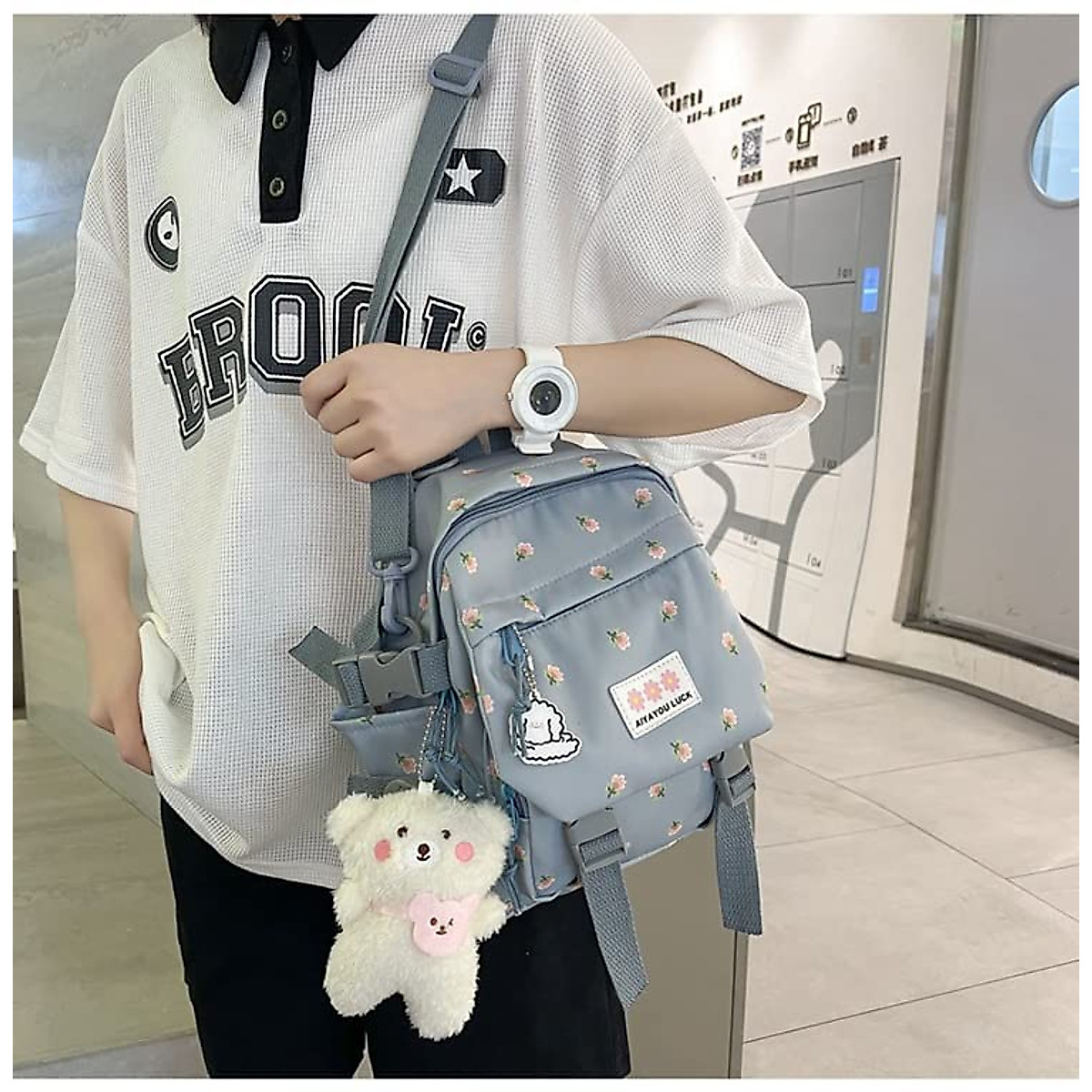 AONUOWE Mini Floral Aesthetic Backpack Cute Japanese School Bag Small Kawaii Backpack with Plush Accessories (Blue)