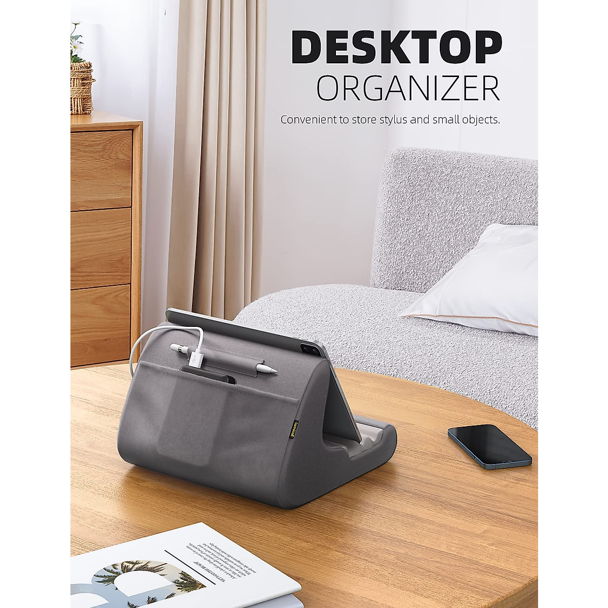 Lamicall Tablet Stand, Tablet Pillow Holder - Soft Pad for Bed, Lap Tablet Dock with Stylus Mount & Pocket, for iPad Pro 12.9, Air, Mini, Kindle, Galaxy Tab and 4-13" Tablet, Dark Grey