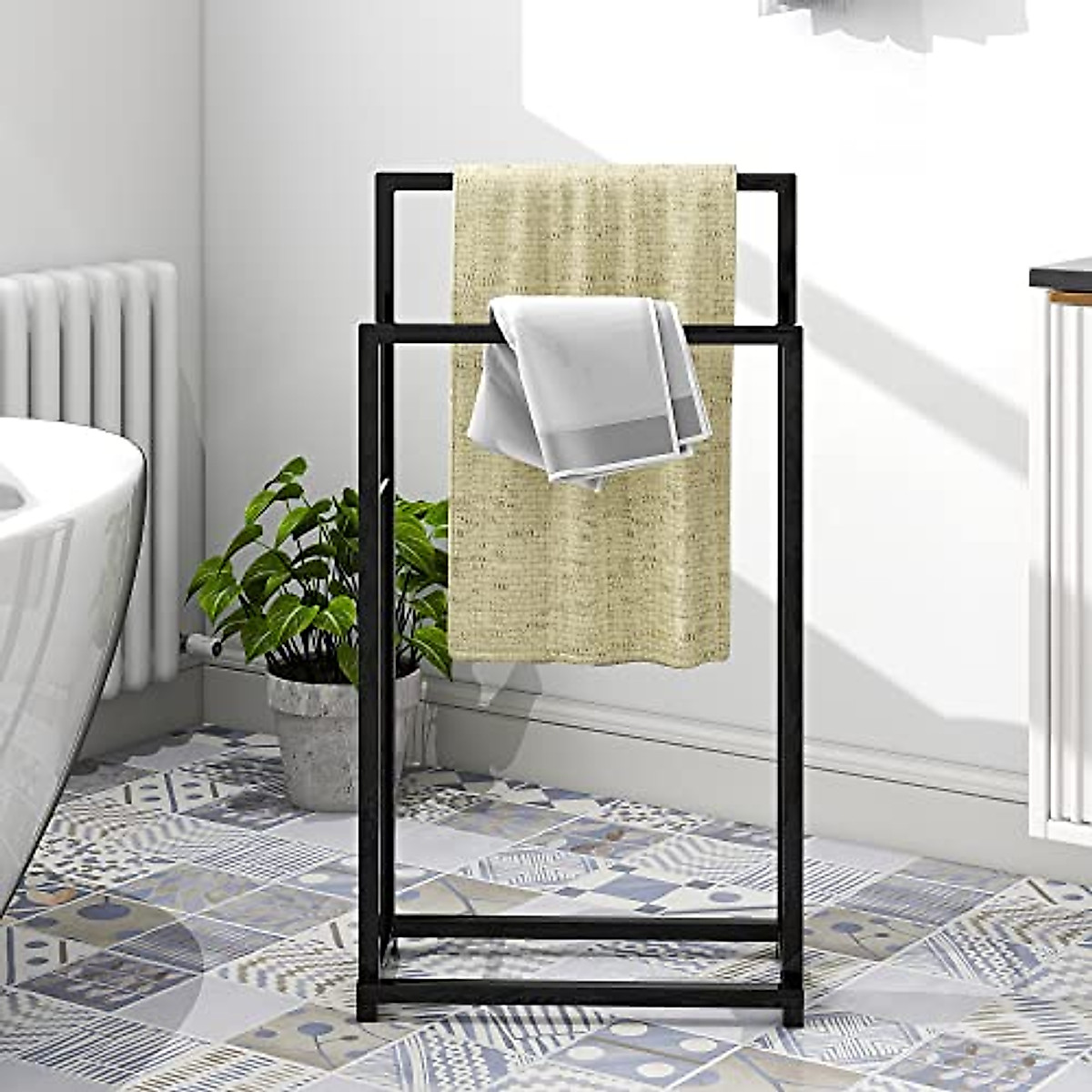 HAHRIR Black Metal 2-Tiers Stainless Steel Towel Racks ,Freestanding Towel Holder for Bathroom Accessories Organizer，for Bath Storage & Hand Towels&Washcloths& Blanket Rack
