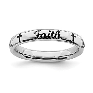Solid 925 Sterling Silver Stackable Black Enamel Faith Ring Eternity Band Size 8