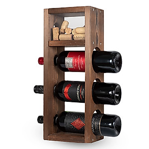 Rustic State Sonoma Countertop Wood Vertical Wine Rack with Cork Storage - Freestanding Tabletop Liquor Holder Shelf Organizer - Holds 3 Bottles - Home Kitchen Dining Room Bar Décor - Burnt Brown
