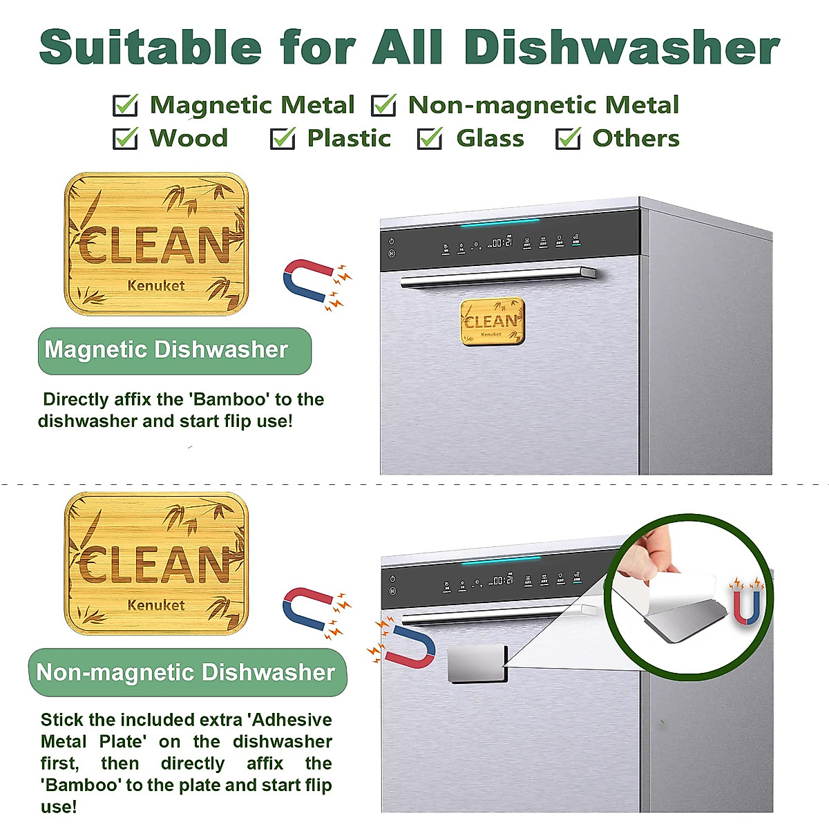 Dishwasher Magnet Clean Dirty Sign, Bamboo Indicator for Magnetic & Non-Magnetic Dishwashers, Non-Scratch Easy to Read Reversible Dishwasher Magnet Clean Dirty Sign with Optional Adhesive Metal Plate