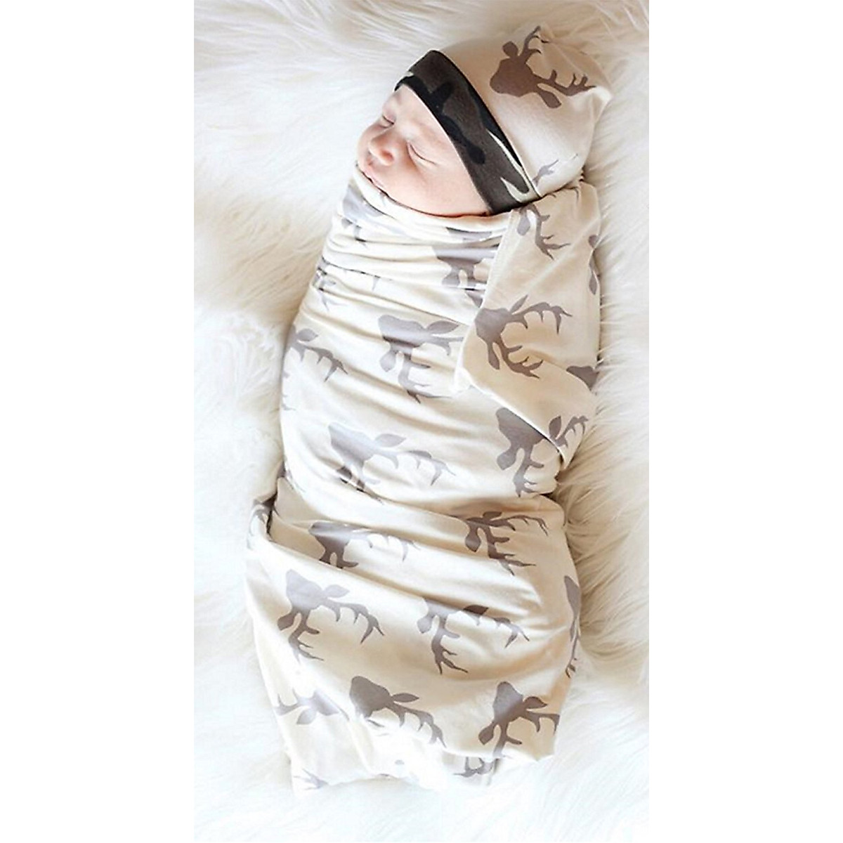 Soft Cotton Newborn Baby Swaddle Receiving Blanket Deer Printed Bath Towel with Hat Sets