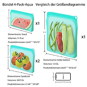 Kelina 4-Packs Reusable Silicone Storage Bag,Food Storage Container Set,Microwave and Dishwasher Safe,Leak-free,Aqua