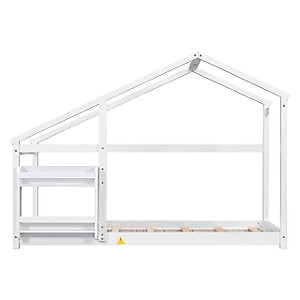 Bellemave House Bed for Kids, Twin Floor Bed, Pine Wood House Floor Bed, Montessori Bed for Kids, Gray with Shelf