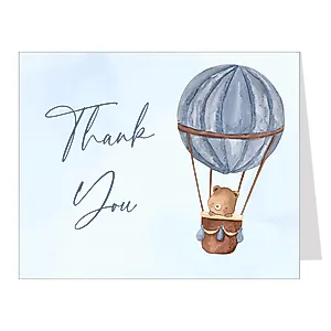 The Invite Lady Hot Air Balloon Thank You Cards Baby Shower Birthday Teddy Bear Adventure Awaits Blue Boy Sky Clouds (24 Count)
