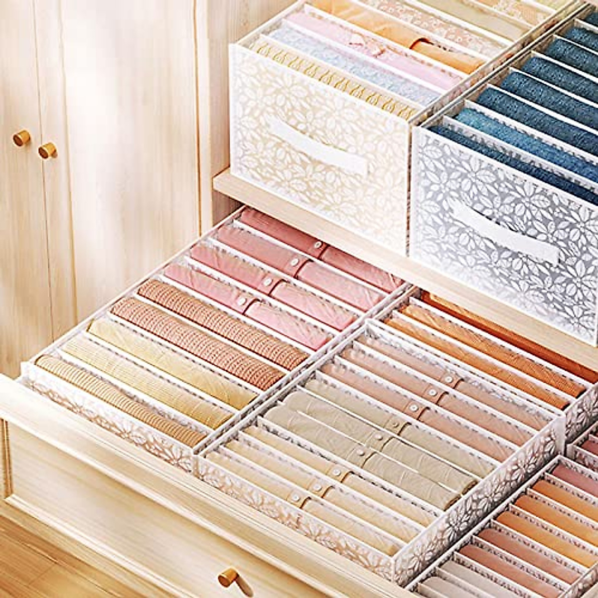 Wardrobe Clothes Organizer,Washwable 6/7/9/11/12 Grids Compartment Storage Box for Bra Underwear Jeans T-Shirt Leggings,Mesh Closet Drawer Organizer Clothes Drawer