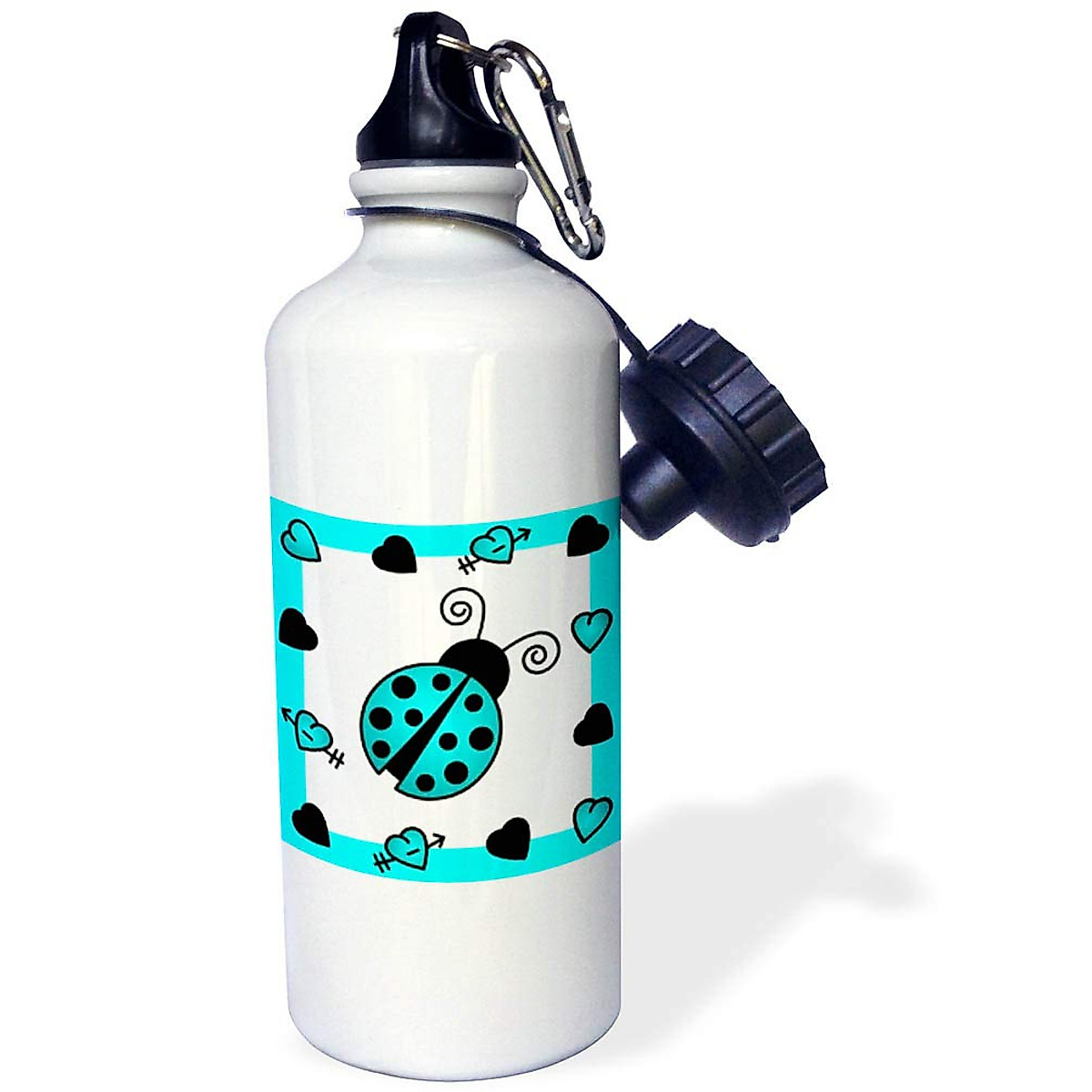 3dRose Love Bugs Blue Ladybug with Hearts - Sports Water Bottle, 21 oz, White