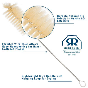 Redecker Pig Bristle Baby Bottle Brush with Flexible Wire Handle, Set of 2, 16-Inches, Made in Germany