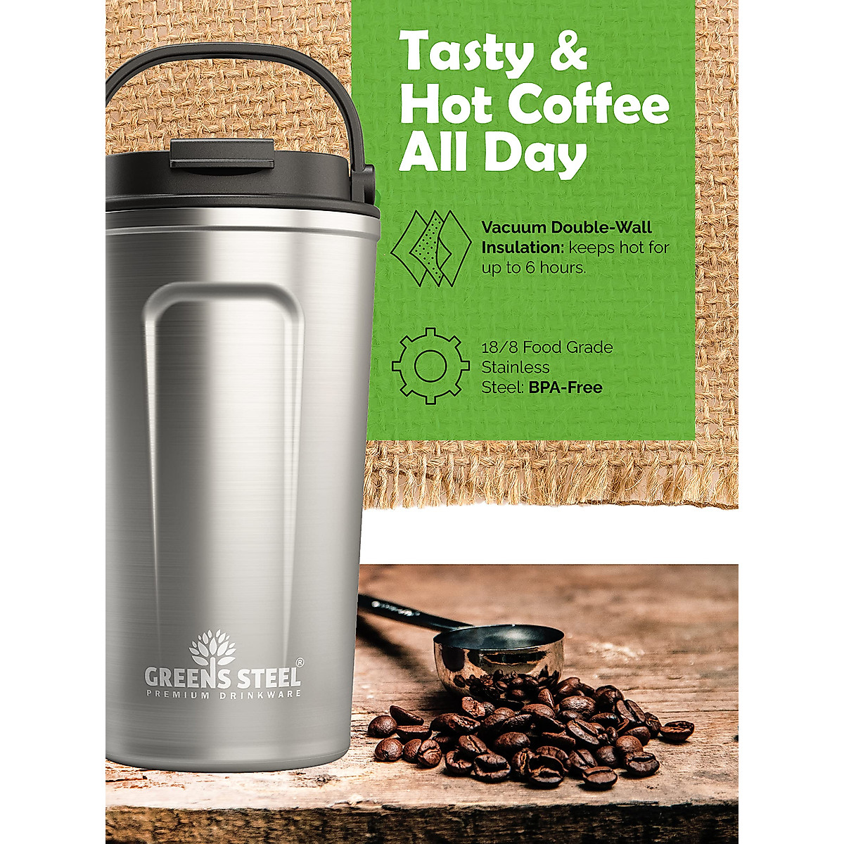 Stainless Steel Insulated Coffee Mug for Hot & Cold Drinks, 12 oz Silver - Coffee Cup with Lid and Handle - Coffee Travel Mug - 100% Leak-Proof Insulated Coffee Tumbler - Travel Coffee Mug Spill Proof