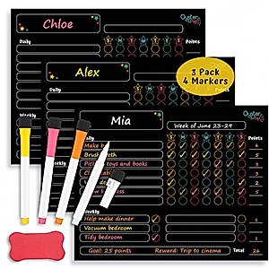 Magnetic Black Chore Chart 3pcs for Multiple Kids & Adults - 4 Fine Tip Chalk Markers - Dry Erase Black Boards - Reward Good Behavior for Toddlers & Responsibility for Teenagers - Organize The Family