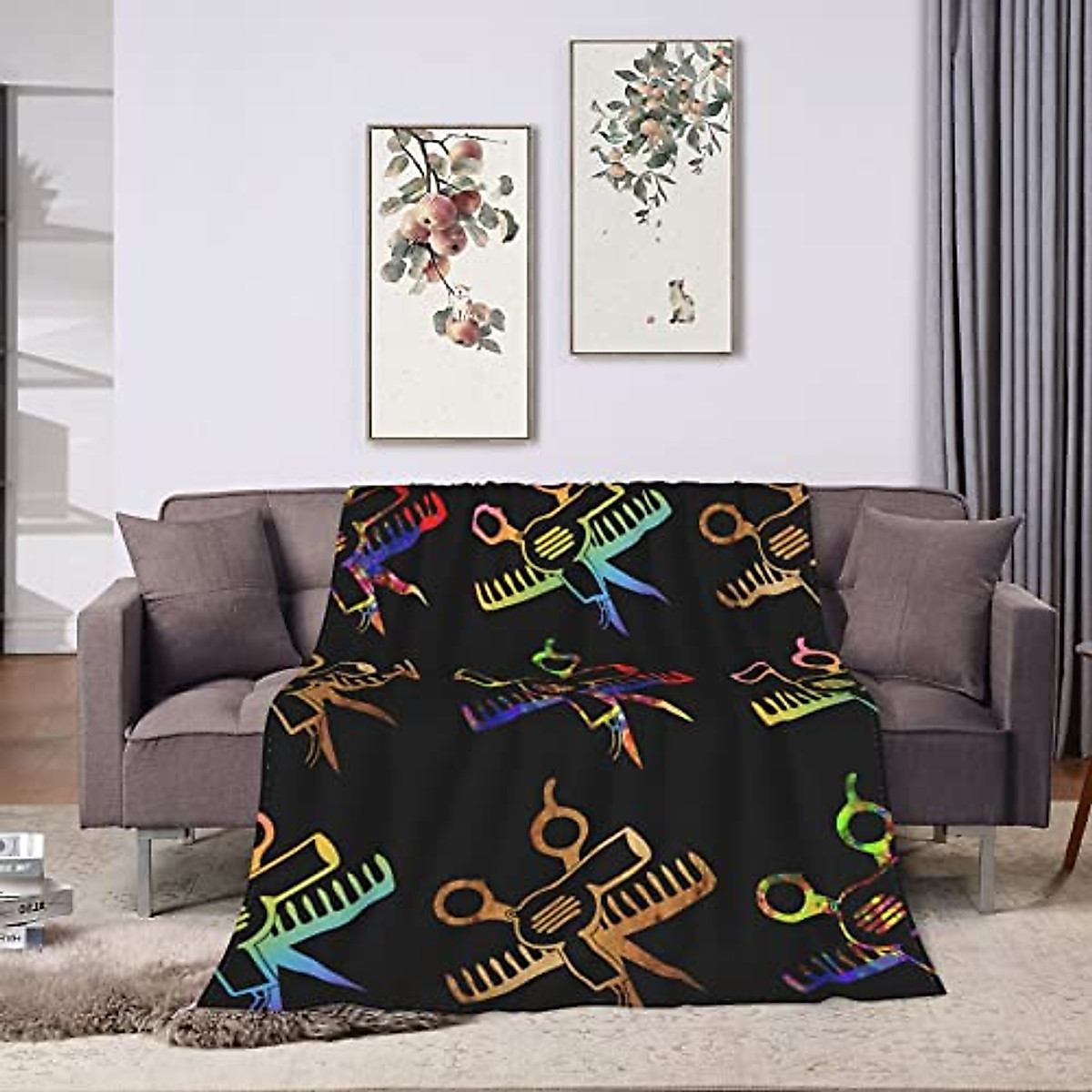 Scissors and Comb Hair Stylist Salon Black Soft Throw Blanket All Season Microplush Warm Blankets Lightweight Tufted Fuzzy Flannel Fleece Throws Blanket for Bed Sofa Couch 50x60in