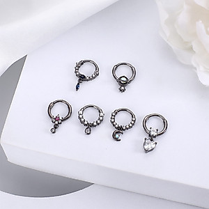 JOERICA 6 Pcs 16G Dangle Septum Rings for Women Blue Planet Moon Star Flower CZ Opal Dangle Septum Nose Rings Cartilage Helix Daith Earrings Dangling Septum Piercing Jewelry