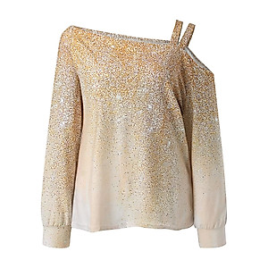 Women Long Sleeved T Shirt Jacket Tops Marbled Open Shoulder T Shirts Tops Long Sleeve Sequins T Shirt (Beige #1, XXL)