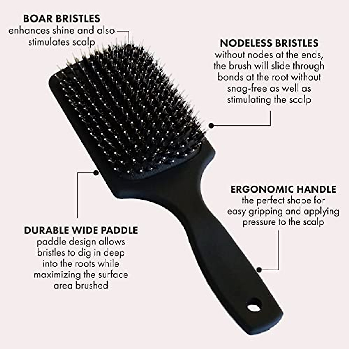 Boar Bristle Brush by Everlong Hair, Boar & Nylon Bristles Adds Shine & Promote Hair Growth, Scalp Massage & Detangling, Safe for All Hair Types Extensions & Wigs, Matte Black Coated Ergonomic Handle