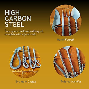 Generic Hand Forged Black Silverware Set With Leather Cover- Medieval 4 Pcs Kitchen Utensils Set, Viking Cutlery Set Knife Spoons And Forks Set- Dinnerware Sets, Kitchen Utensils And Flatware Set