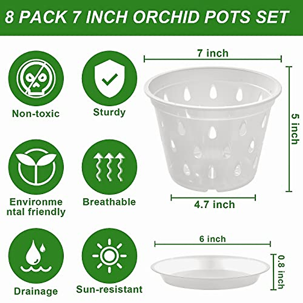 Suguder 8 Pack 7 Inch Orchid Pot, Orchid Pots with Holes and Saucers, Clear Plastic Plant Flower Pot for Indoor Outdoor Garden