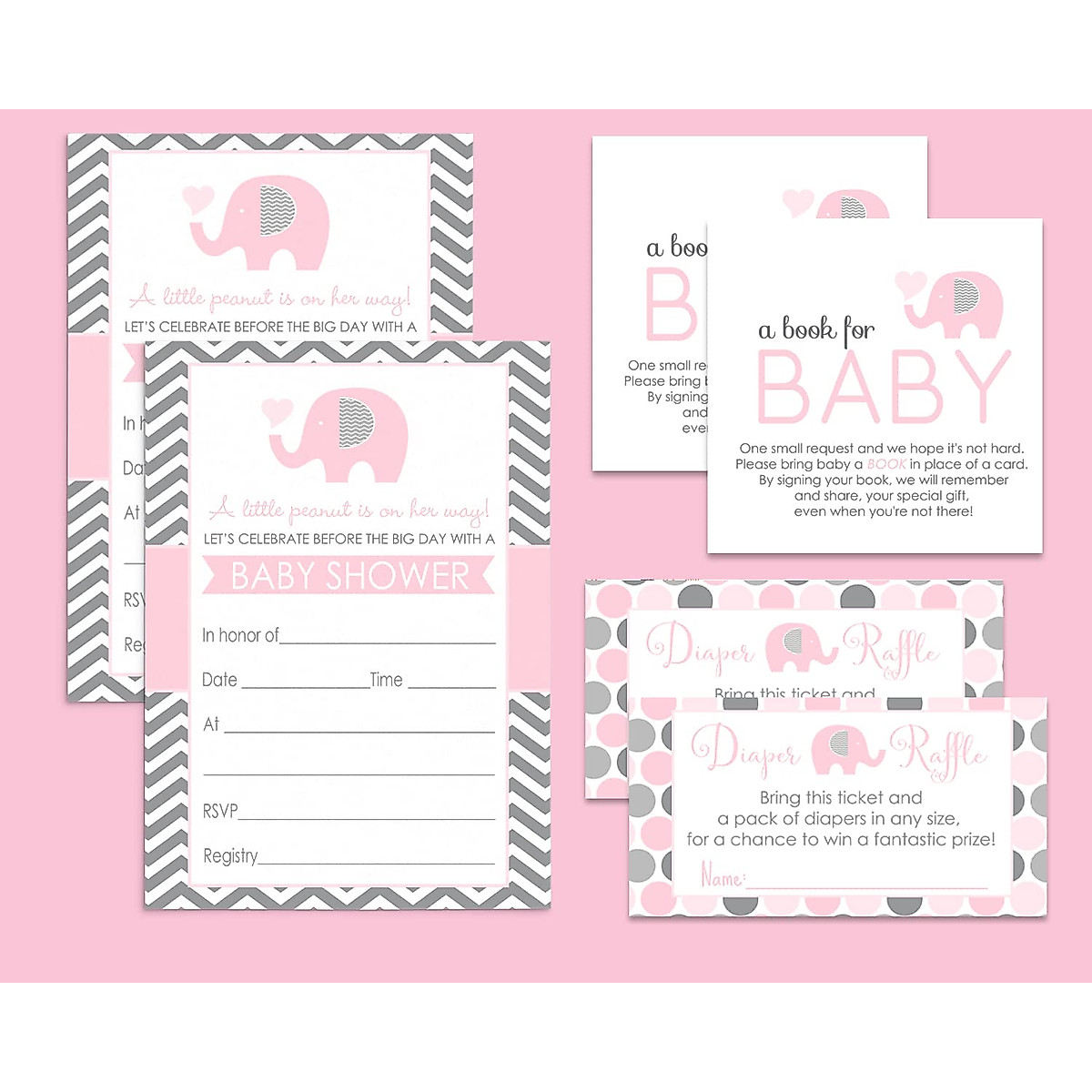Paper Clever Party Pink Elephant Baby Shower Invitation Bundle Includes Blank Invites with Envelopes for Girls, Diaper Raffle Insert Bring a Book Cards Set (25 of Each) Jungle Theme Princess