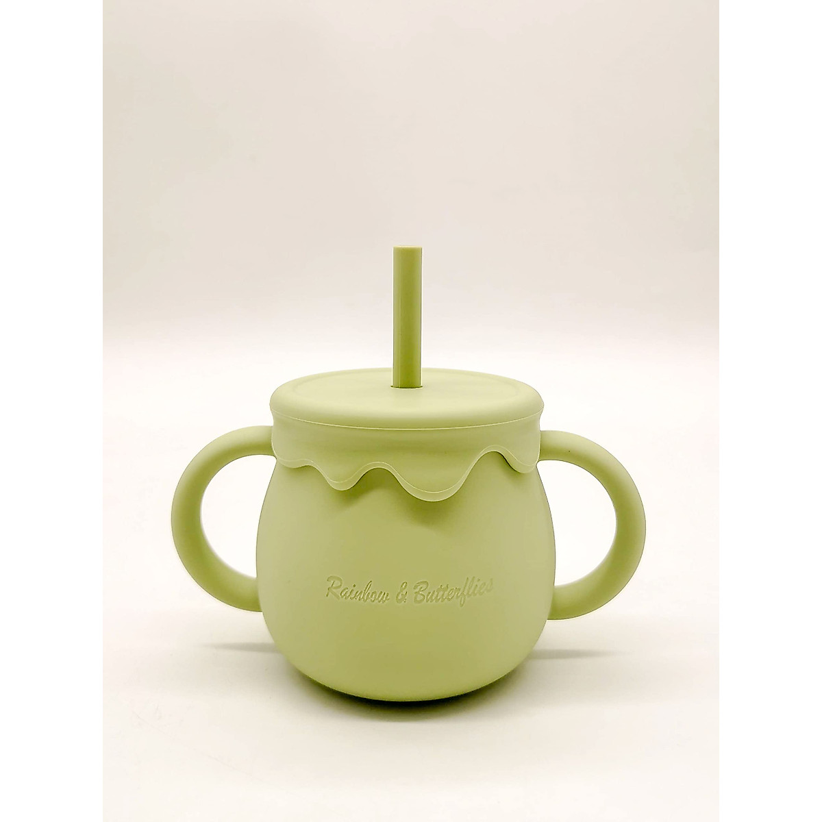 Rainbow & Butterflies |8 Piece| DINO Silicone Baby Feeding Set – |Bib, Suction Bowl, Suction Plate, Sippy Cup, 2-in-1 Straw & Snack Cup Lid, Straw & Spoon| – Food Grade Silicone, BPA Free (Olive)