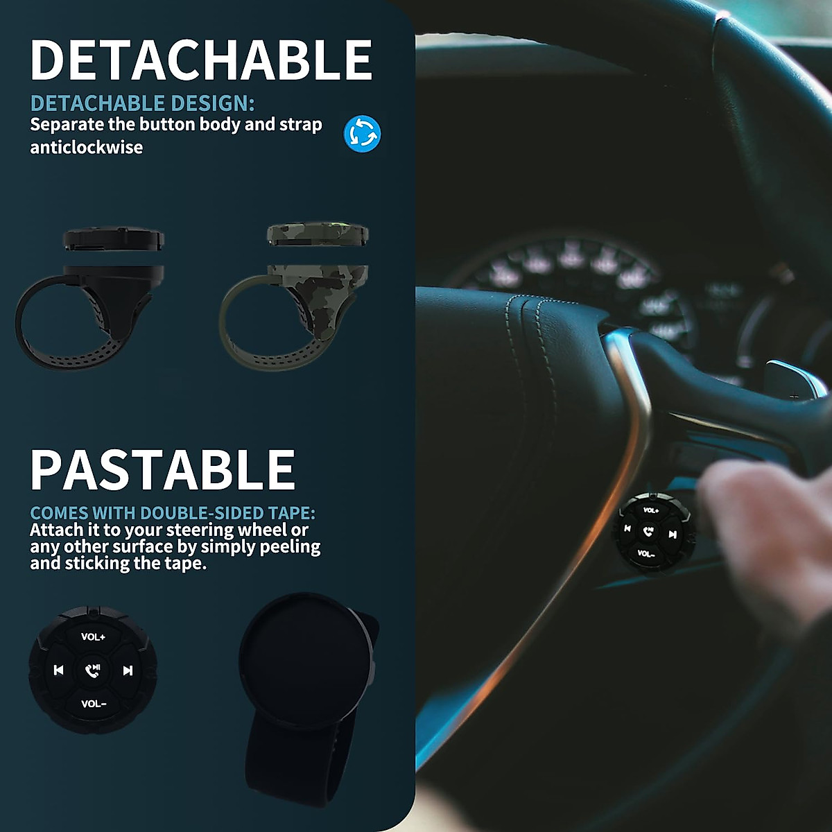 Jaesien Bluetooth Media Button Remote,Waterproof Wireless Music Controller for Car Bike Motorcycle,Steering Wheel Control Button Compatible for iPhone/Android Phone Black