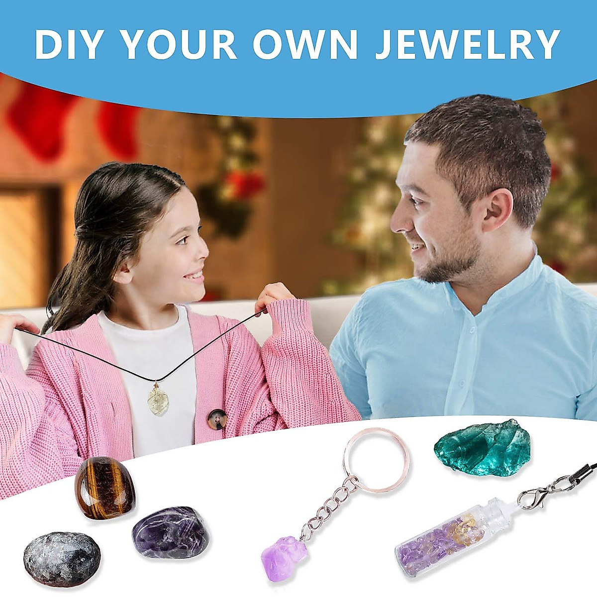 Advent Calendar 2023, Rock Collection Advent Calendars for Kids with 24 Gemstones, Minerals & Fossils, 24 Days Christmas Countdown Calendar with Gem Keychain, Necklace & Wishing Bottle