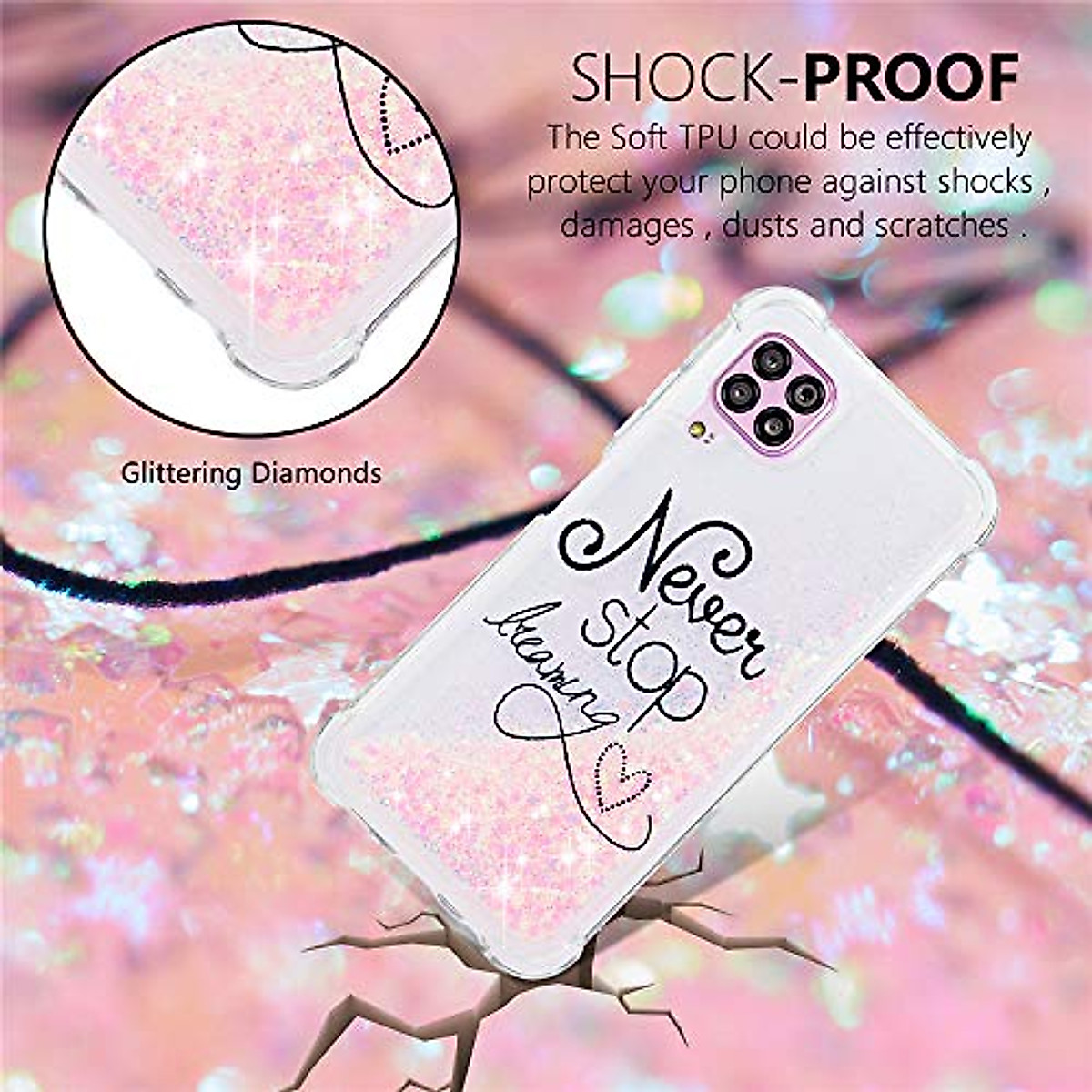 Asdsinfor Huawei P40 Lite Case Fashion Shiny Transparent Soft TPU Creative Cartoon Cute Quicksand with Shiny Flowing Liquid Cover for Huawei P40 Lite Never Stop YB-LS