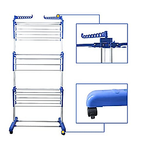 Foldable Clothes Drying Racks with Storage Shelves, Garment Rack with Rolling Free-Standing Clothing Rack Closet Organizer with Double Rods/Lockable Wheels & 2 Pairs Side Hooks (Blue)