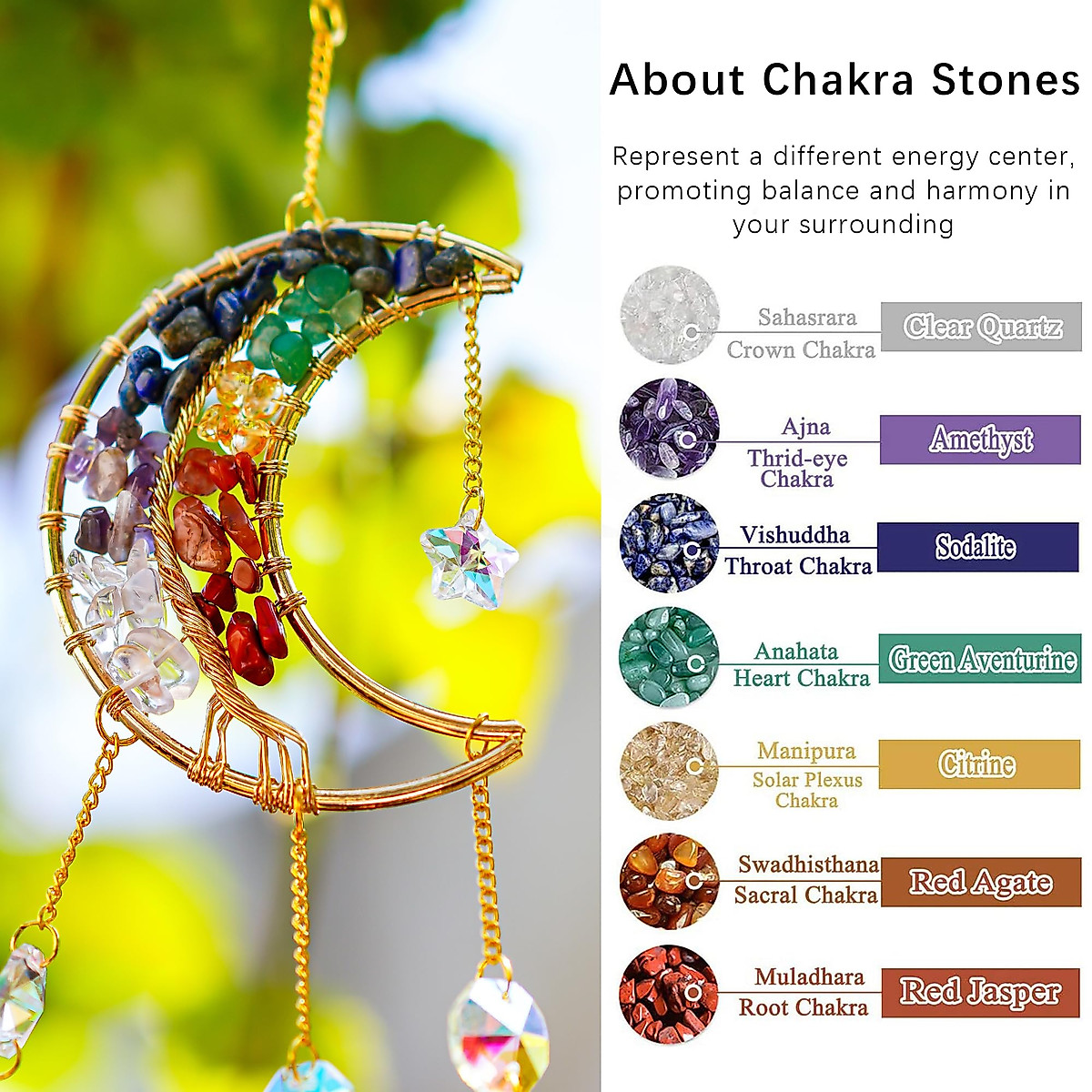 Chakra Tree of Life Crystal Suncatcher for Windows,Rainbow Maker Half Moon Sun Catcher with Crystal Prisms Hanging Crystals for Garden Home Decoration