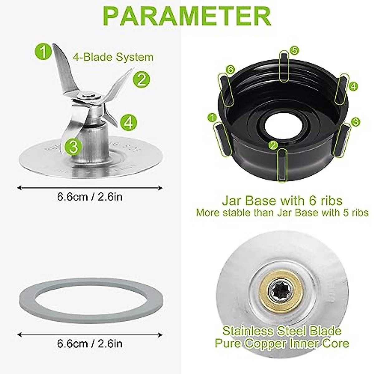 Blender Replacement Parts Compatible with Oster Blender Ice Blades ABS Plastics Base Stainless Steel Ice Blade and 2 Rubber O Ring Seal Gasket, Compatible with Oster Osterizer Blender Accessories