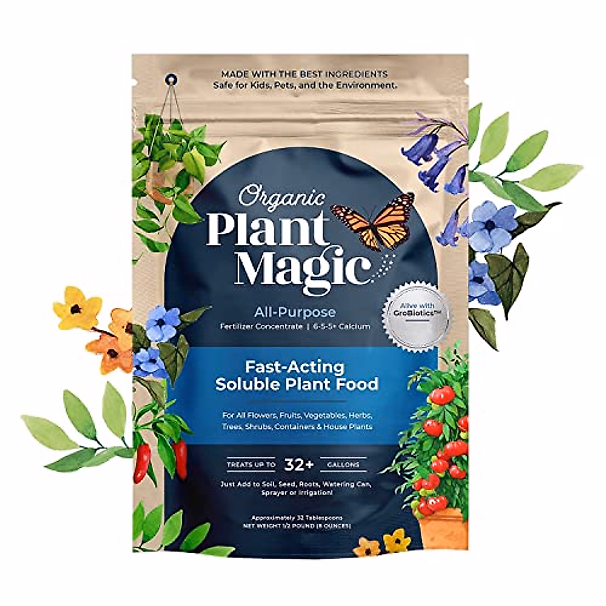 Organic Plant Magic - Truly Organic™ Fast-Acting Water Soluble Plant Food - All-Purpose Fertilizer Concentrate for Flower, Vegetable, Herb, Fruit Tree, Garden & Indoor Houseplants [One 1/2 lb Bag]