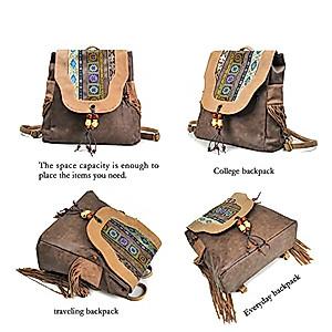 HUANGGUOSHU Women Leather Backpack Purse Boho Hippie Embroidery Bag Western Vintage Travel Fringe Stitch Backpack (Brown01)
