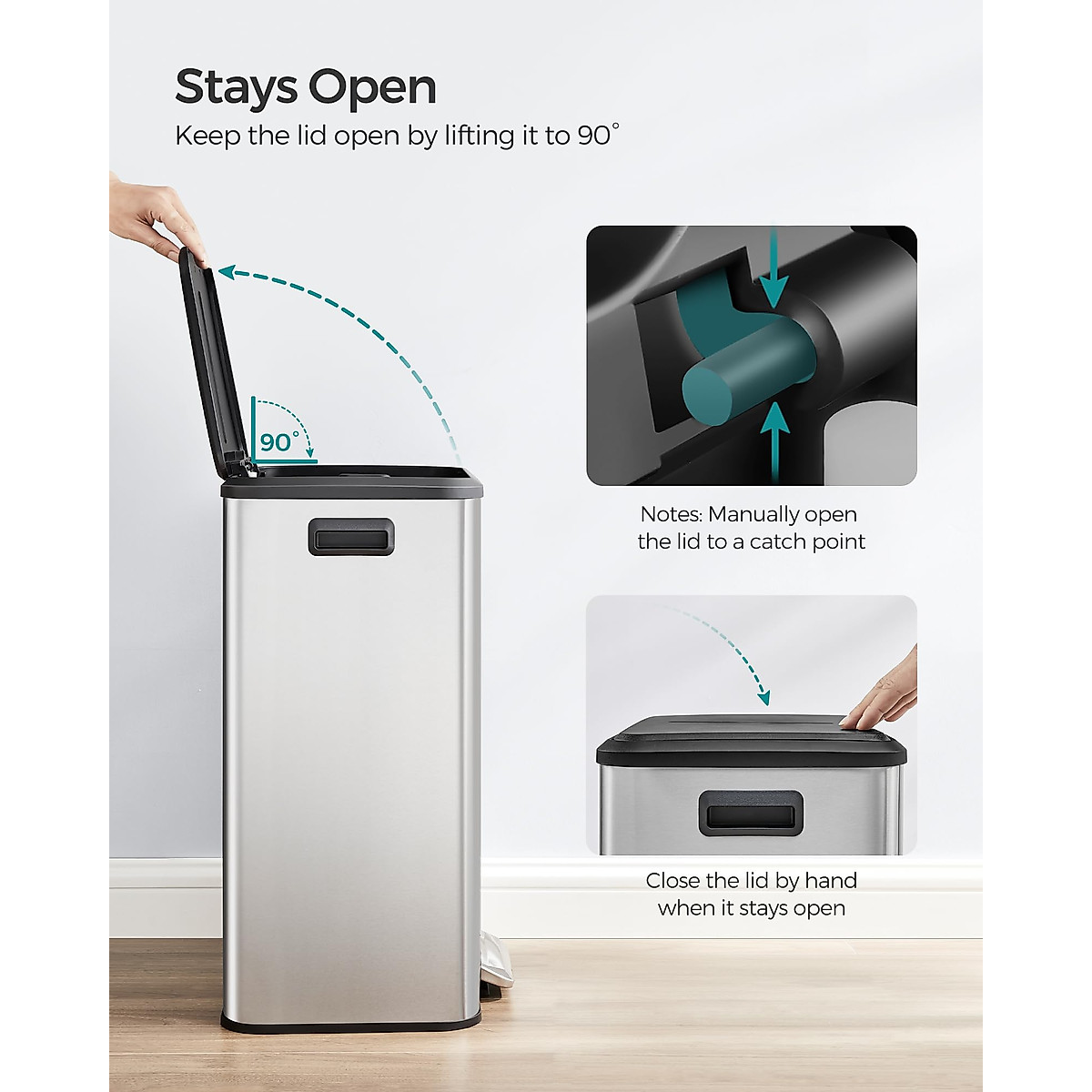 SONGMICS Kitchen Trash Can, 10.5-Gallon (40L) Garbage Can with Lid and Wide Foot Pedal, Soft Close and Stays Open, Silver ULTB541E40