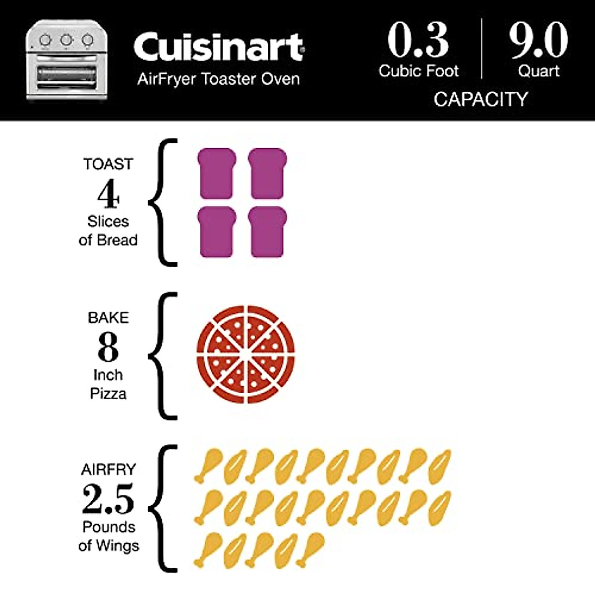 Cuisinart TOA-26 Compact Airfryer Toaster Oven, 1800-Watt Motor with 6-in-1 Functions and Wide Temperature Range, Large Capacity Air Fryer with 60-Minute Timer/Auto-Off, Stainless Steel